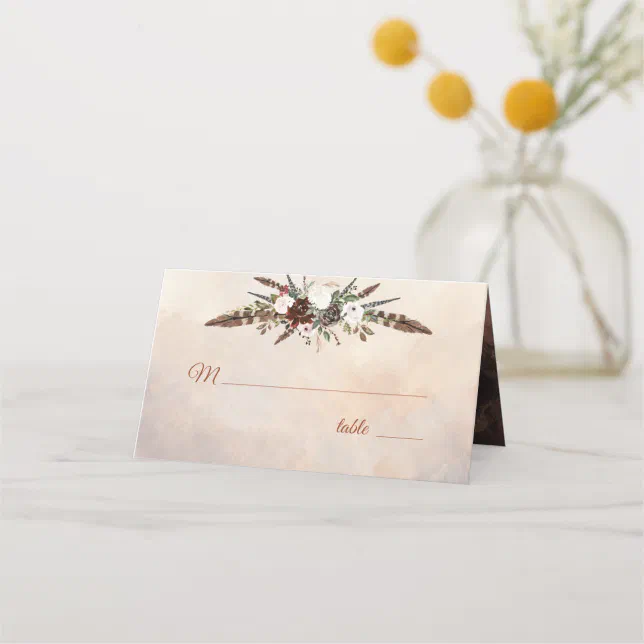 Rustic Woodland Feathers and Floral Bloom Place Card | Zazzle