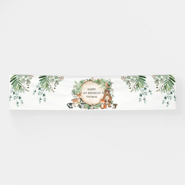 Rustic Woodland Forest Greenery Animals Birthday Banner | Zazzle