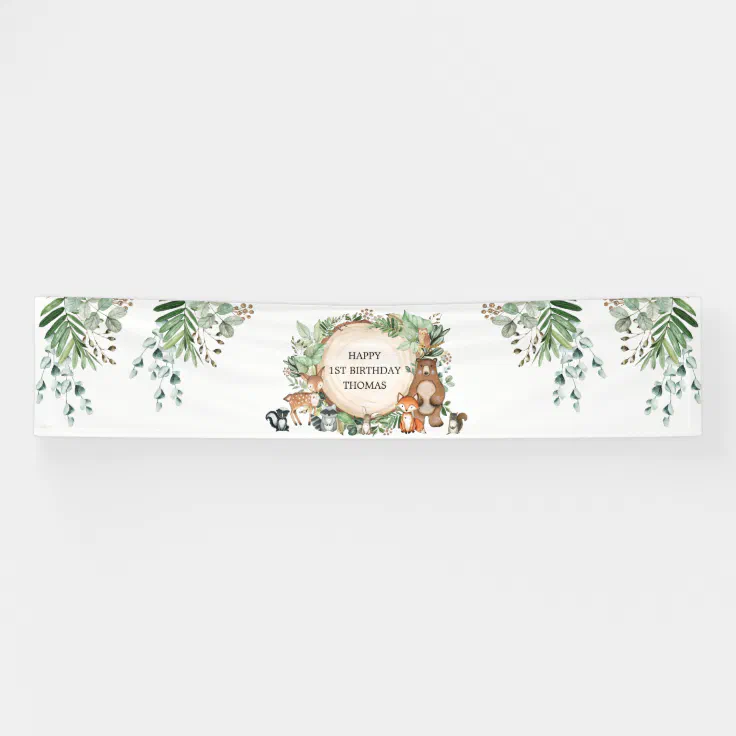 Rustic Woodland Forest Greenery Animals Birthday Banner | Zazzle
