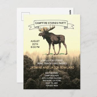 Rustic Woodland Moose Campfire Party Invitations | Zazzle