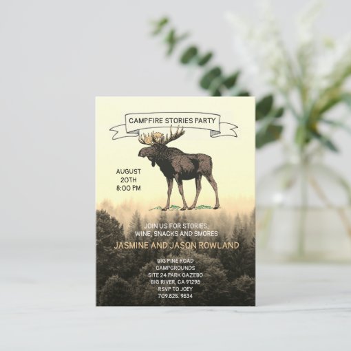Rustic Woodland Moose Campfire Party Invitations | Zazzle