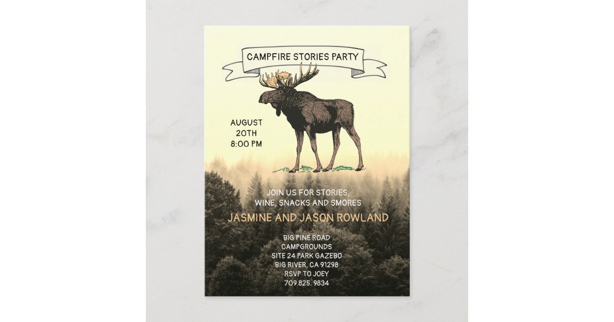 Rustic Woodland Moose Campfire Party Invitations | Zazzle