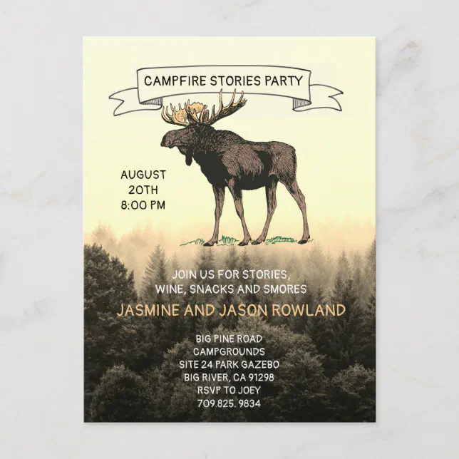 Rustic Woodland Moose Campfire Party Invitations | Zazzle