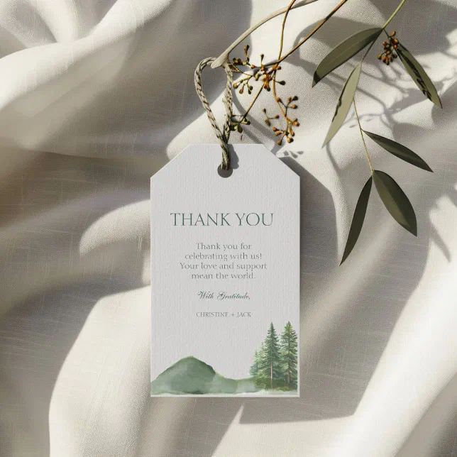 Rustic Woodland Mountain Forest Pine Wedding Thank Gift Tags | Zazzle