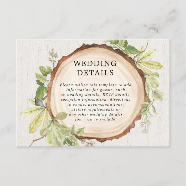 Rustic woodland outdoor forest wedding details enclosure card | Zazzle