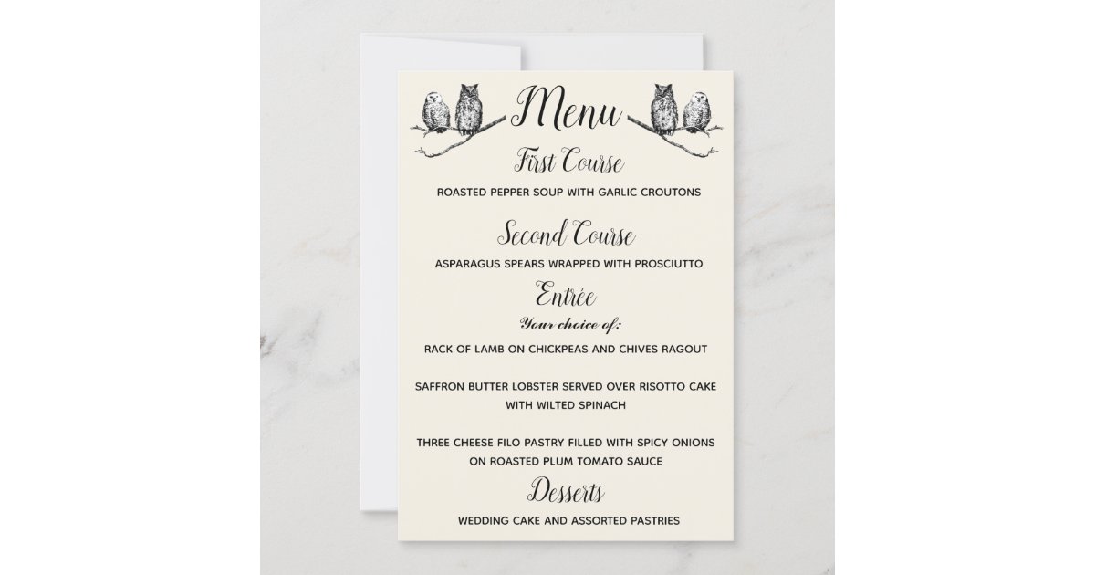 Rustic Woodland Owls Menu Invitation | Zazzle