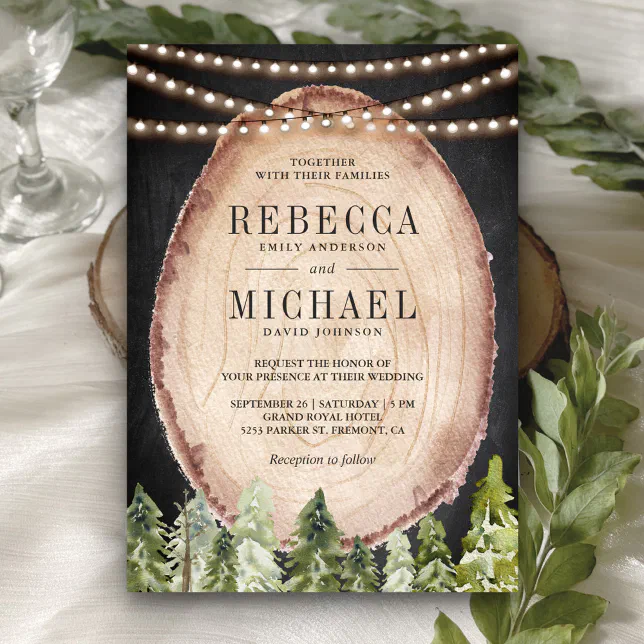 Rustic Woodland Pine Forest Wood Slice Wedding Invitation | Zazzle