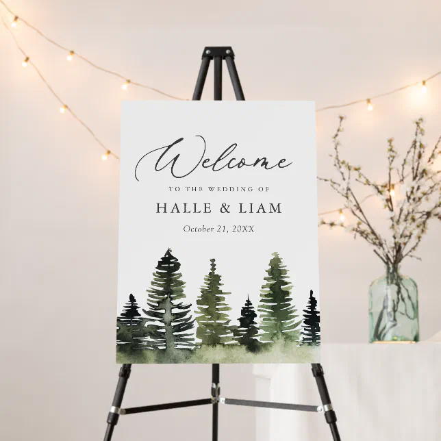 Rustic Woodland Pine Trees Wedding Welcome Sign | Zazzle