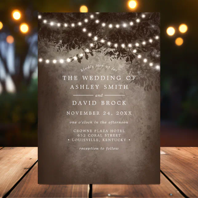Rustic Woodland Tree String Lights Brown Wedding Invitation | Zazzle