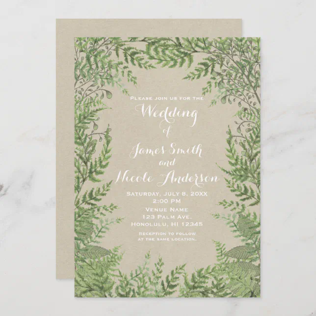Rustic Woodsy Botanical Leaves Kraft Wedding Invitation | Zazzle