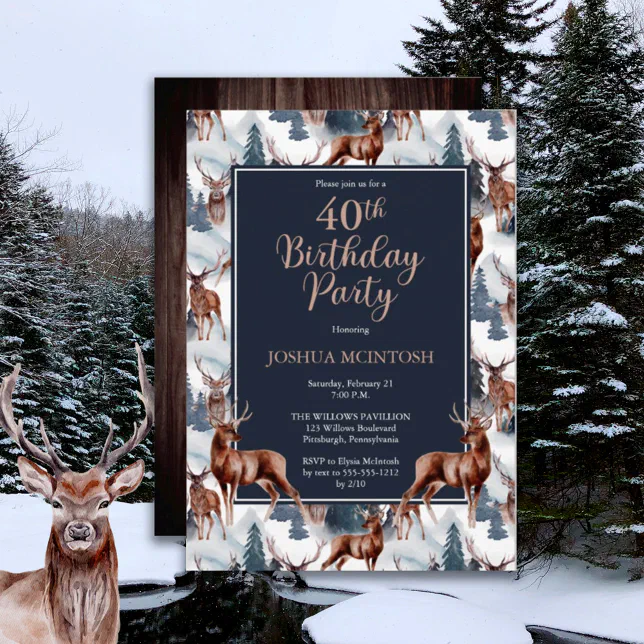 Rustic Woodsy Deer | Forest 40th Birthday Party Invitation | Zazzle