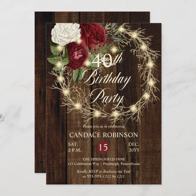 Rustic Woodsy Lighted Wreath 40th Birthday Party Invitation | Zazzle