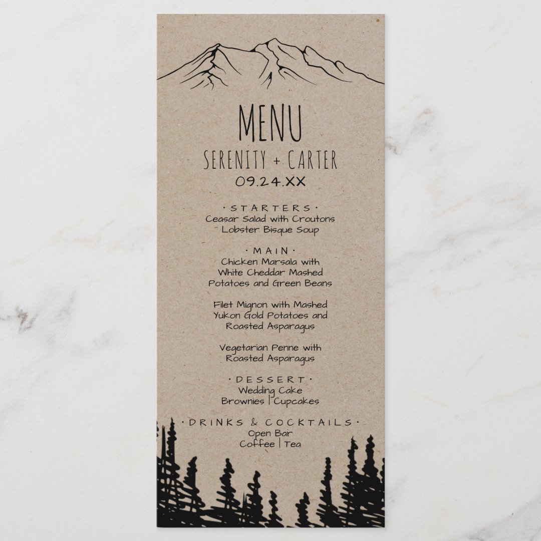 Rustic Woodsy Mountain Dinner Menu Card | Zazzle
