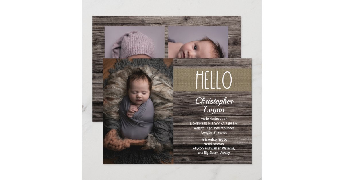 Rustic Woodsy Wood | Burlap Baby Boy Photo Birth A Announcement | Zazzle