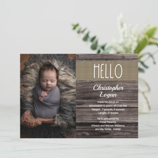 Rustic Woodsy Wood | Burlap Baby Boy Photo Birth A Announcement | Zazzle