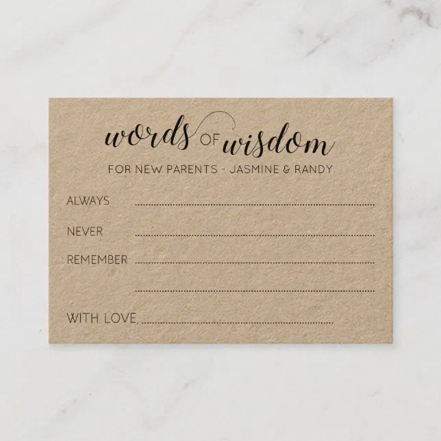 Rustic Words of Wisdom New Parents Advice Place Card | Zazzle