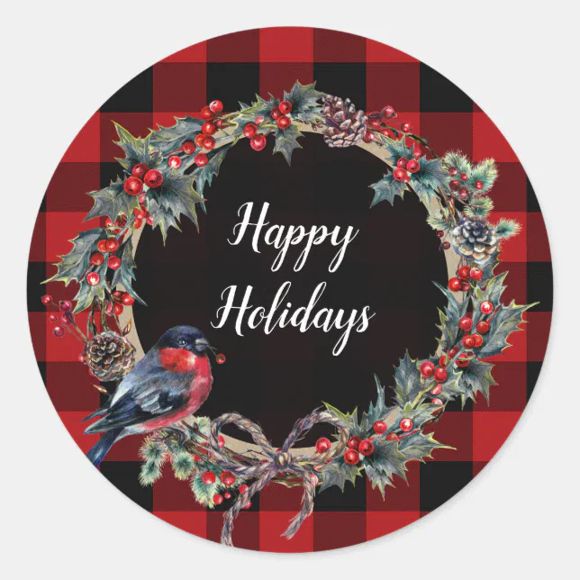 Rustic Wreath Christmas Holiday Red Buffalo Plaid Classic Round Sticker ...