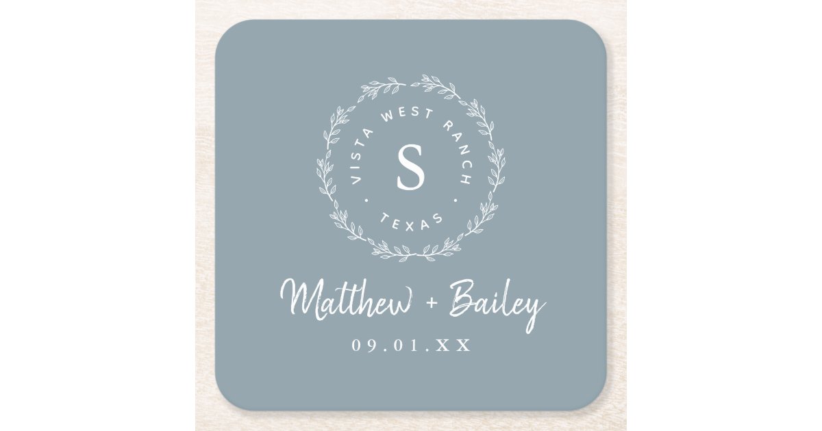 Rustic Wreath Wedding Monogram | Dusty Blue Square Paper Coaster | Zazzle