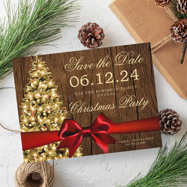Rustic Xmas Holiday Save Date | Tree & Red Ribbon Announcement Postcard ...