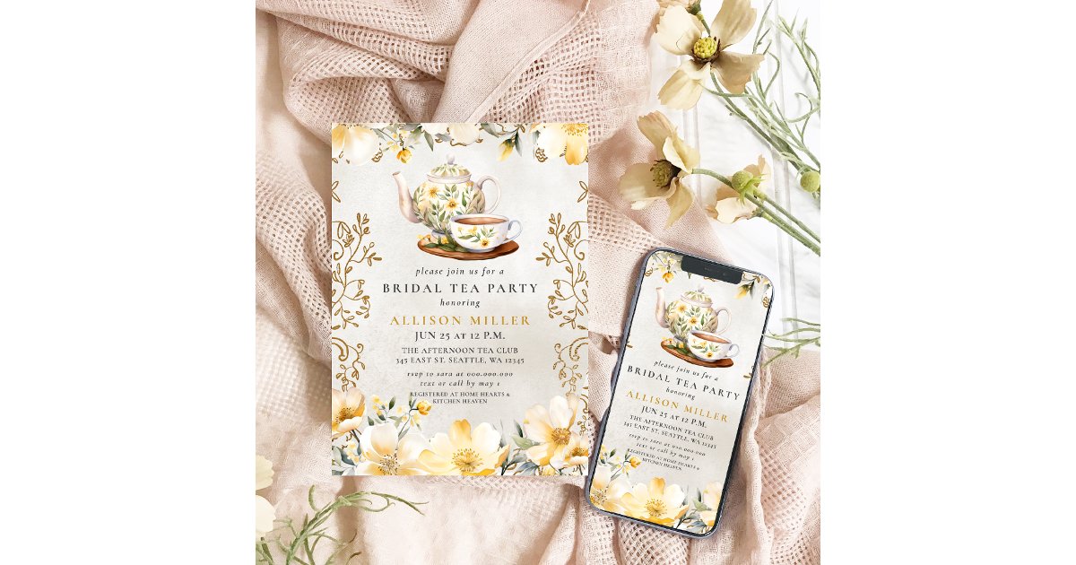 Rustic Yellow Floral Tea Party Bridal Shower Invitation | Zazzle