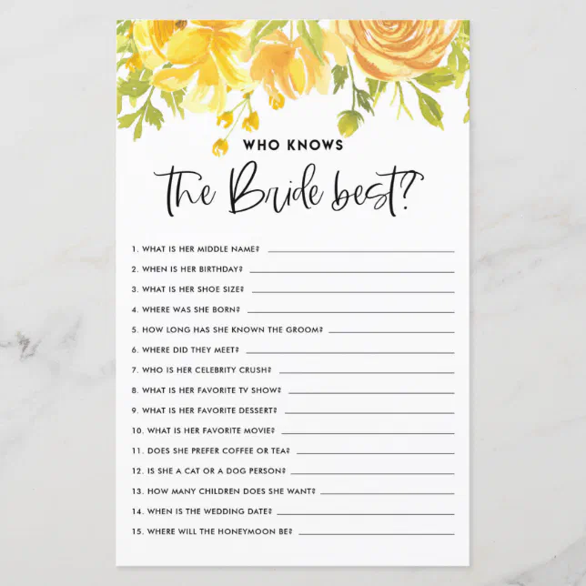 Rustic Yellow Floral Whi Knows the Bride Best Game | Zazzle