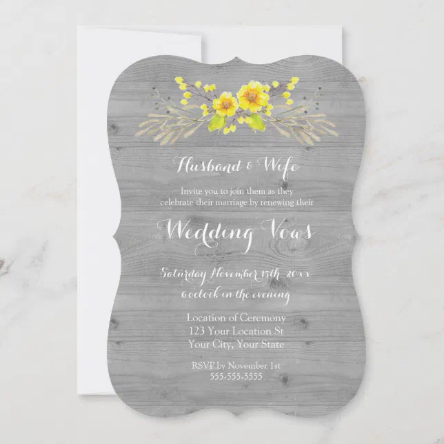 Rustic Yellow Floral Wood Vow Renewal Invitation | Zazzle