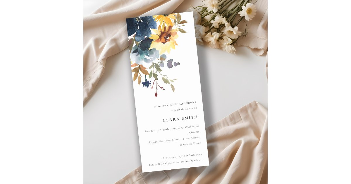Rustic Yellow Navy Sunflower Floral Baby Shower Invitation | Zazzle