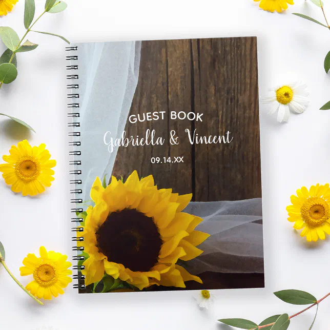 Rustic Yellow Sunflower and Barn Wood Wedding Notebook | Zazzle