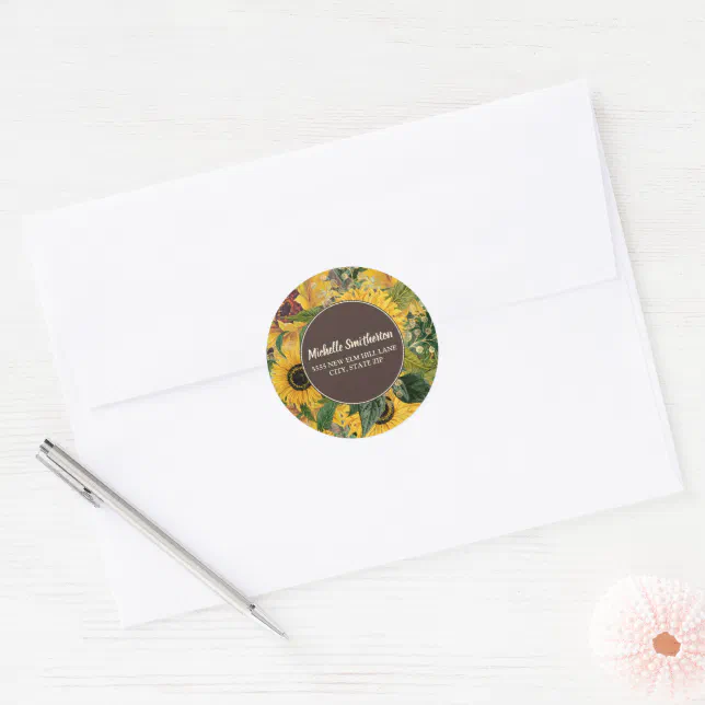 Rustic Yellow Sunflowers Address Classic Round Sticker | Zazzle