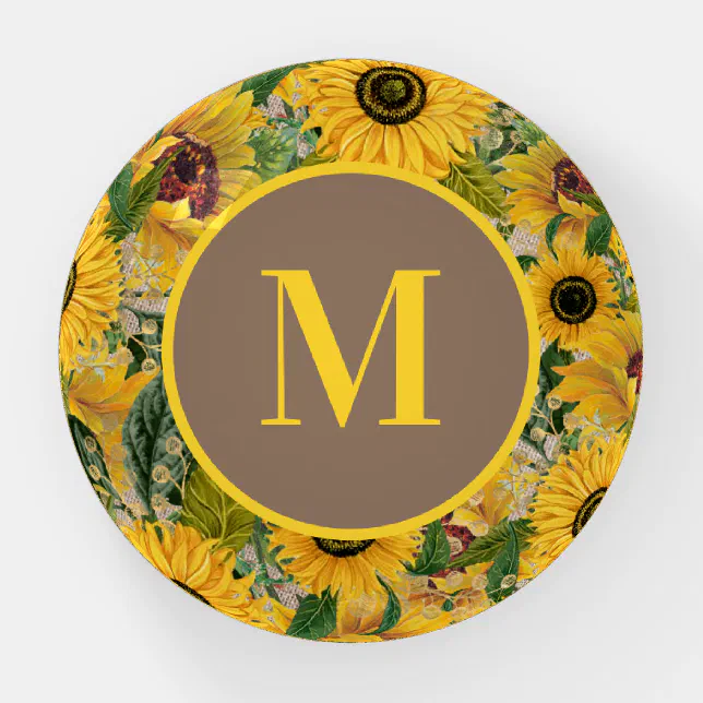 Rustic Yellow Sunflowers Burlap Monogram Initial Paperweight | Zazzle