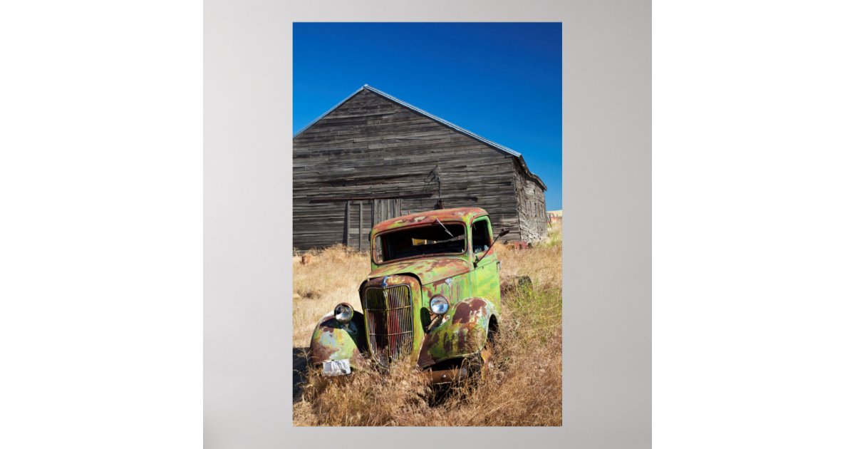 Rusting car in front of abandoned farm poster | Zazzle