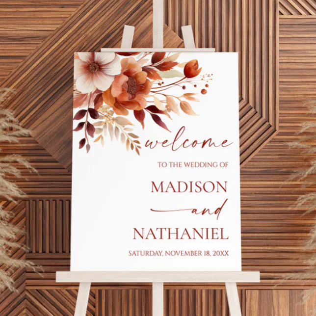 Rusty Burgundy Brown Floral Wedding Welcome Sign | Zazzle