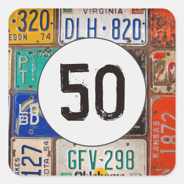 Rusty License Plates for 50th Birthday Square Sticker | Zazzle