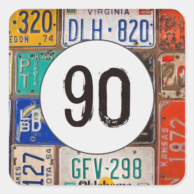 Rusty License Plates for 90th Birthday Square Sticker | Zazzle