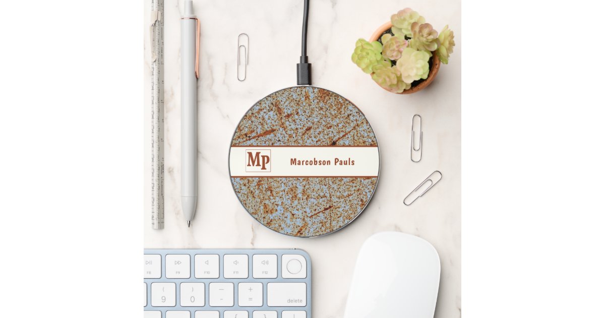 Rusty Metal Modern Masculine Name Logo Image Wireless Charger | Zazzle