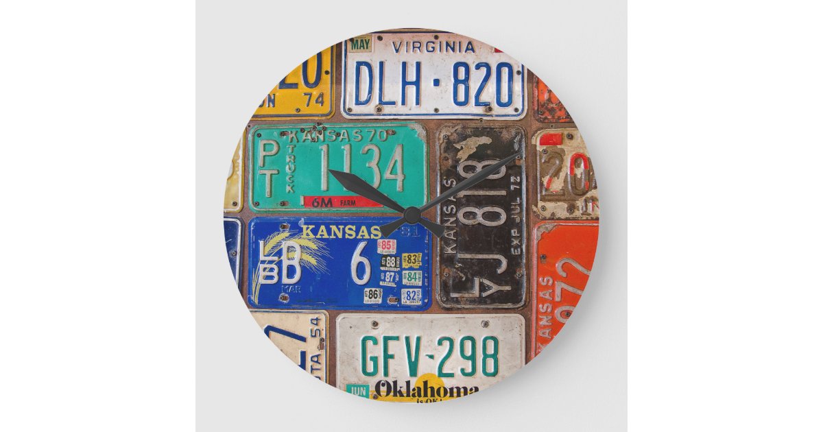 rusty retro license plate collection large clock | Zazzle