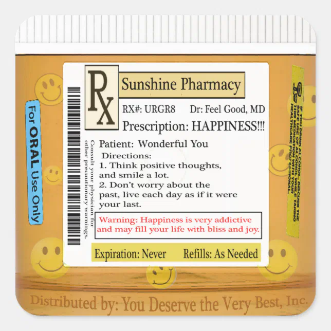 RX Funny Happiness Prescription Square Sticker | Zazzle