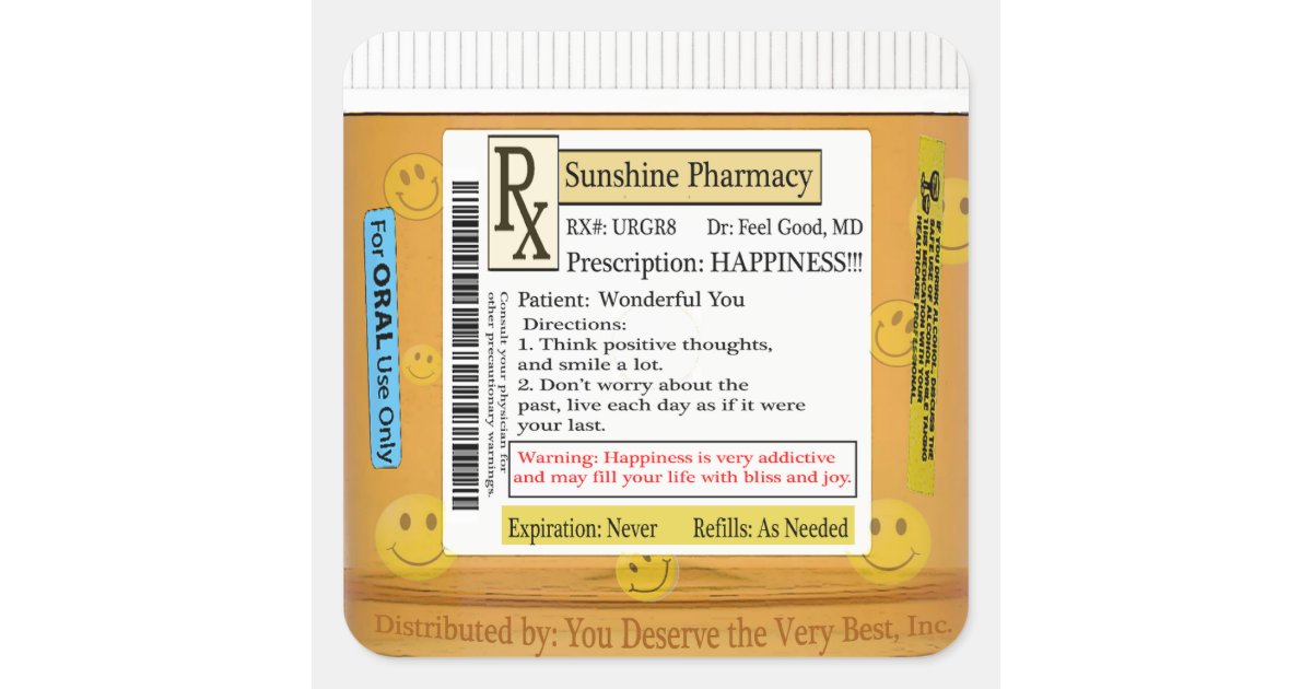 RX Funny Happiness Prescription Square Sticker | Zazzle.com