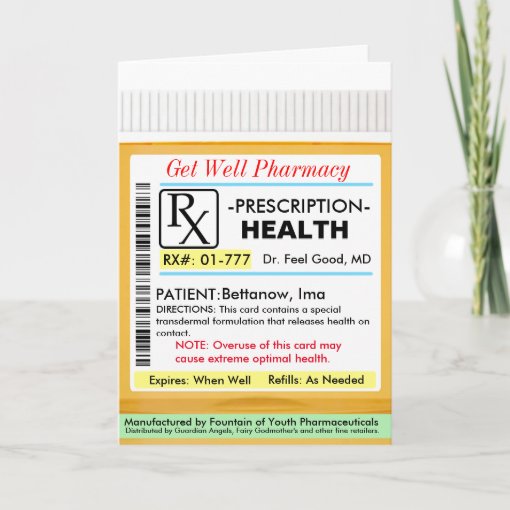 RX Prescription for Health Get Well Card | Zazzle