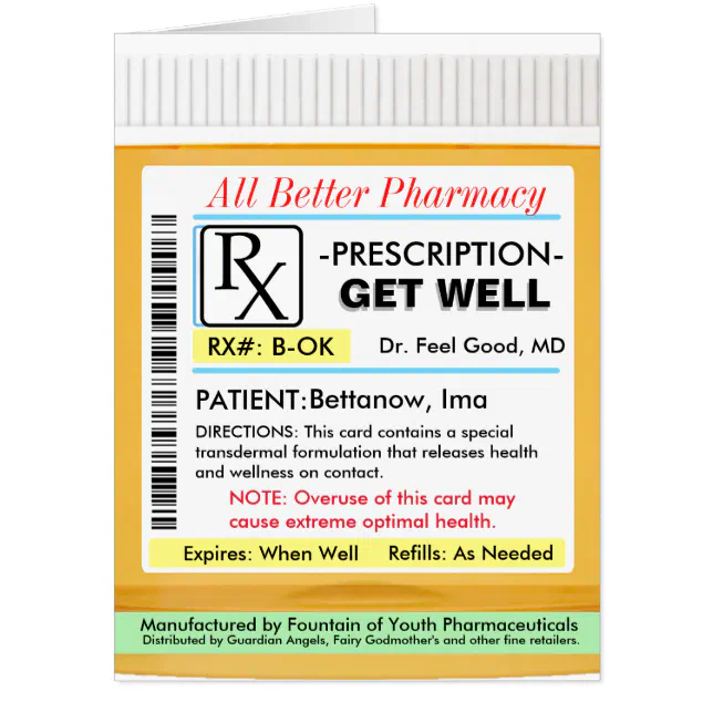 RX Prescription for Health Get Well Card | Zazzle