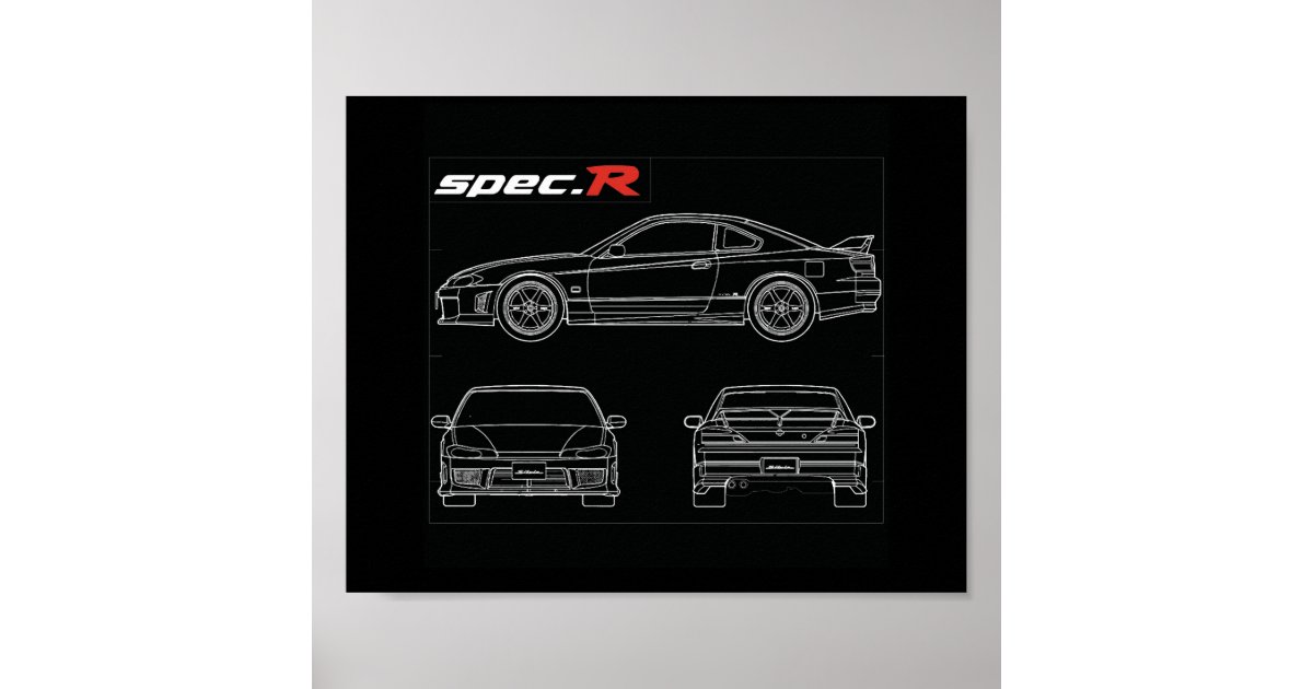 s15 spec r aero line art blue print drawing te37 | Zazzle