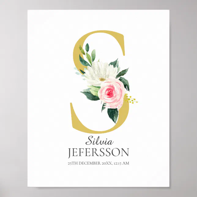 S Letter Monogram with Flowers Poster | Zazzle