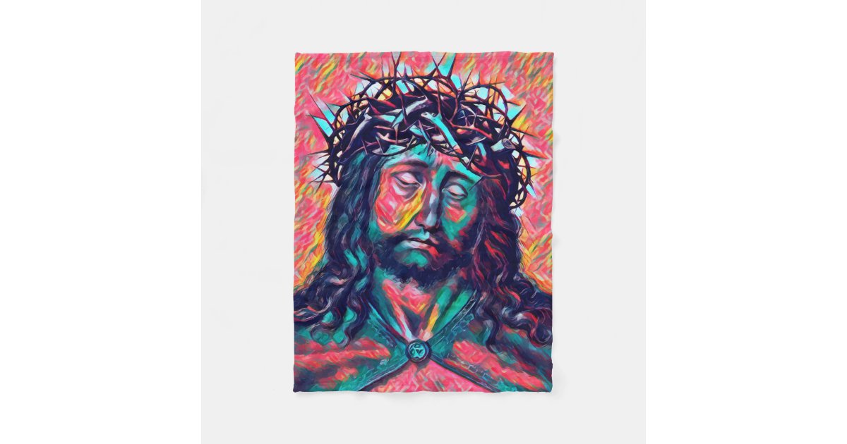 Sad Jesus Christ Face Thorn Crown Abstract art Fleece Blanket | Zazzle