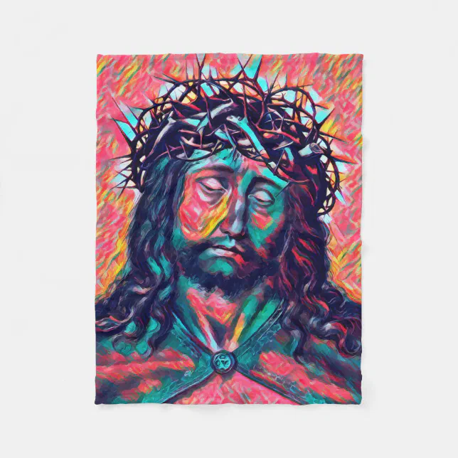 Sad Jesus Christ Face Thorn Crown Abstract art Fleece Blanket | Zazzle