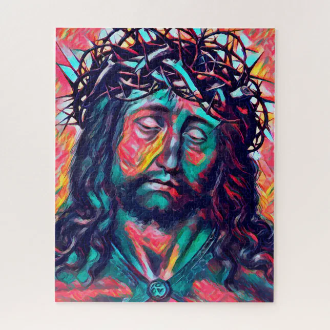 Sad Jesus Christ Face Thorn Crown Abstract art Jigsaw Puzzle | Zazzle