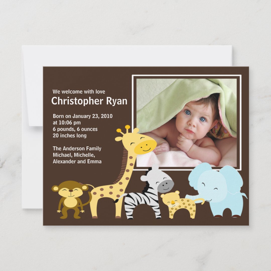 Safari Animal Baby Birth Photo Announcement | Zazzle