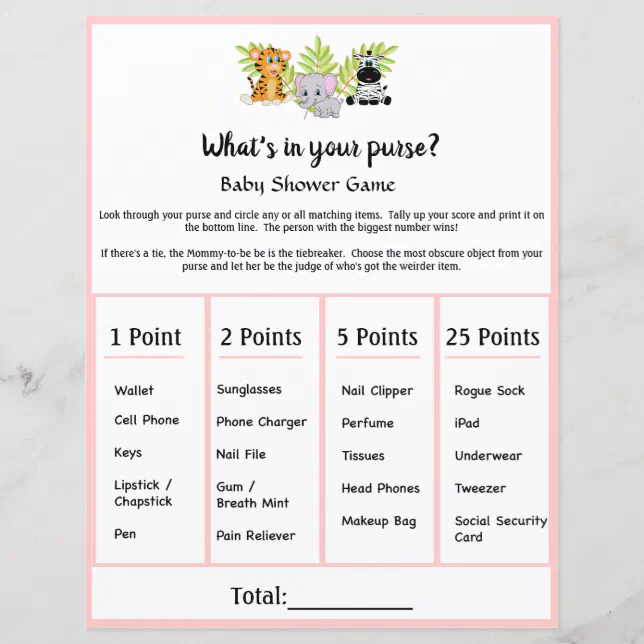 Safari Animal Baby Shower Whats In Your Purse Game | Zazzle