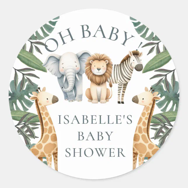 Safari Animal Custom Baby Shower Classic Round Sticker | Zazzle