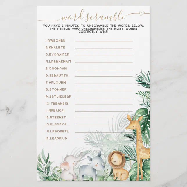 Safari Animal Greenery Baby Word Scramble game | Zazzle