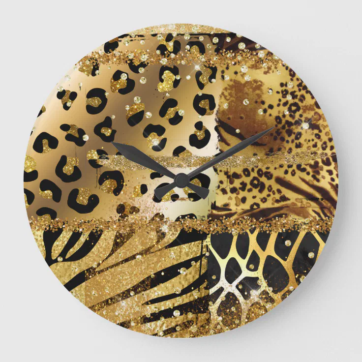Safari animal skin print pattern glitter gold large clock | Zazzle